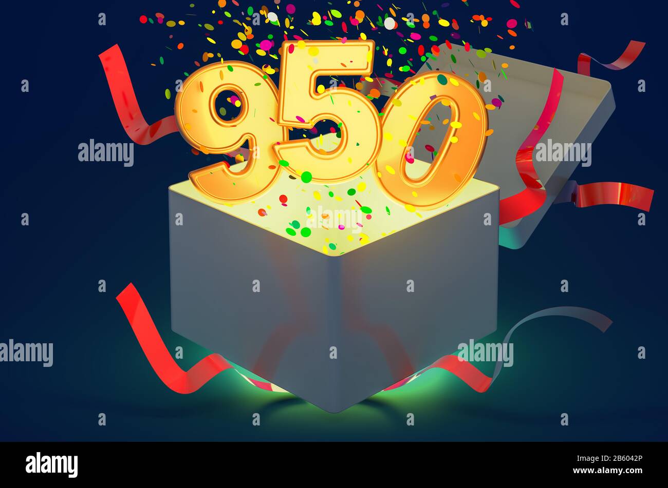 Number 950 inside gift box with confetti and shiny light, 3D rendering ...
