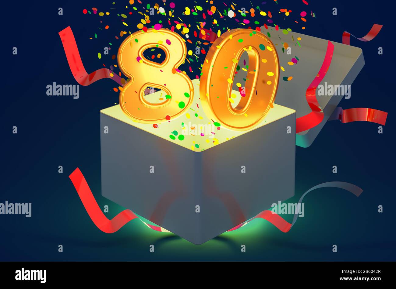 Number 80 inside gift box with confetti and shiny light, 3D rendering ...