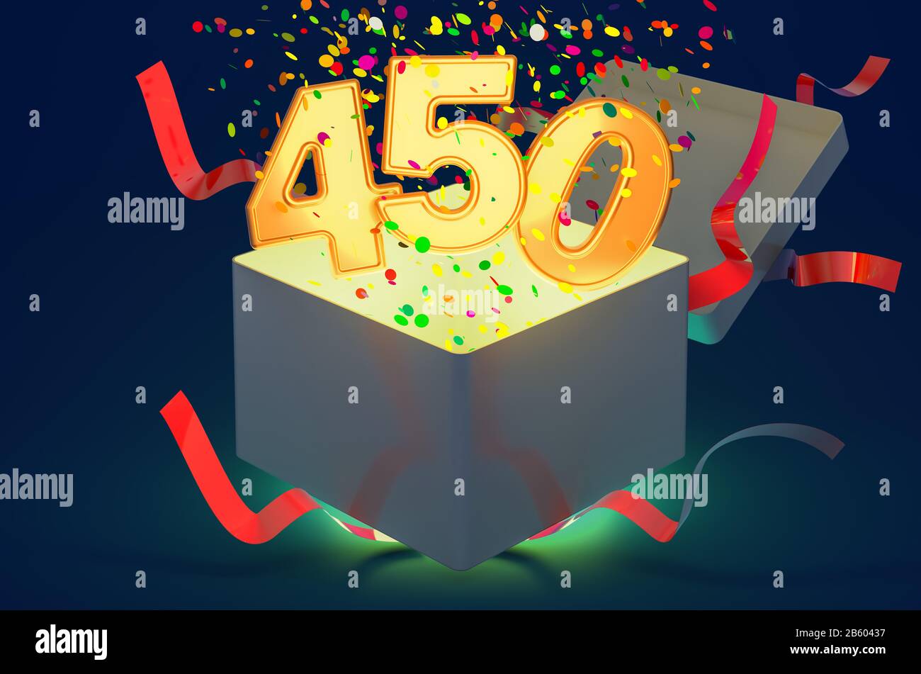 Number 450 inside gift box with confetti and shiny light, 3D rendering ...
