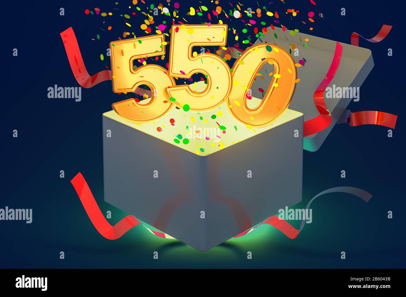 Number 550 inside gift box with confetti and shiny light, 3D rendering ...