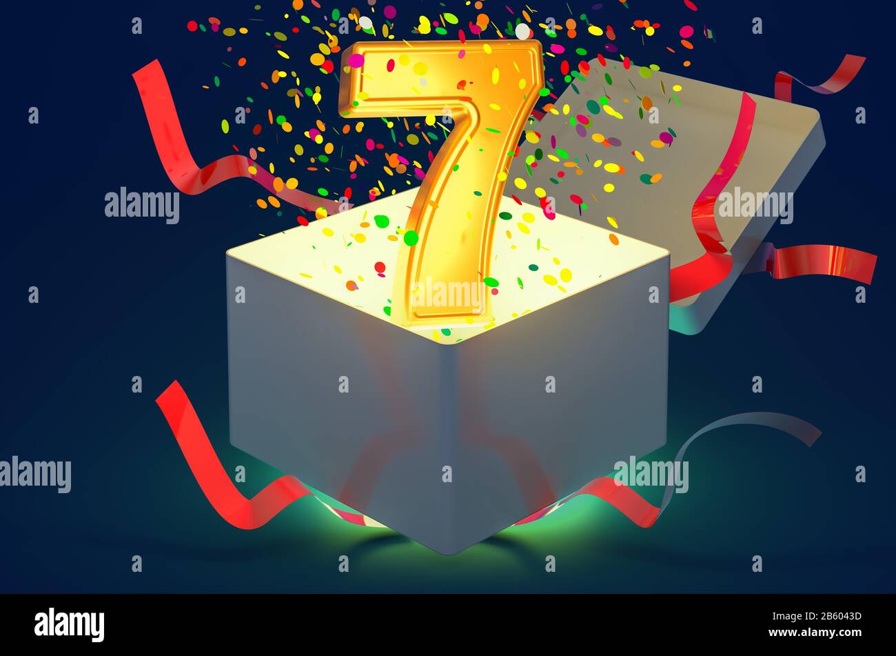 Number 7 inside gift box with confetti and shiny light, 3D rendering on ...