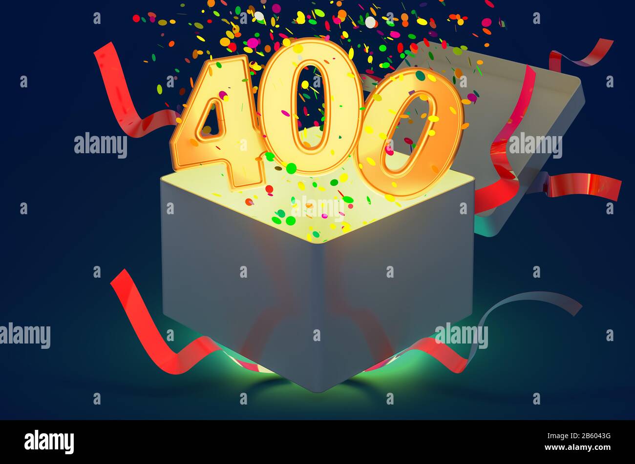 Number 400 inside gift box with confetti and shiny light, 3D rendering ...