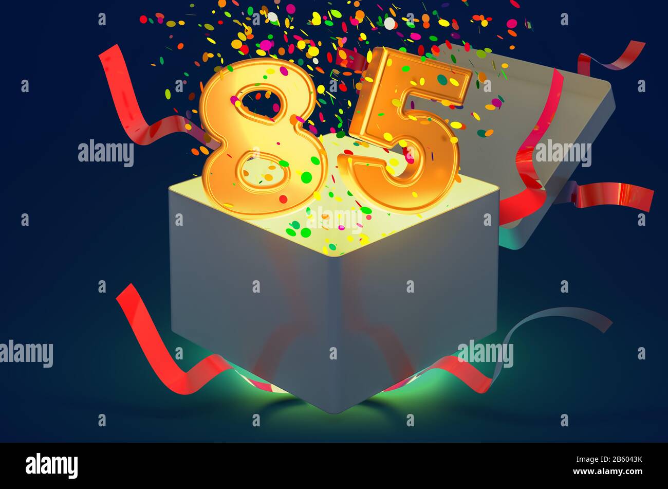 Number 85 inside gift box with confetti and shiny light, 3D rendering ...