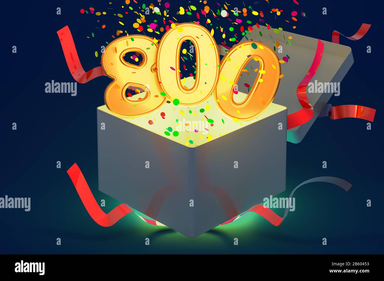 Number 800 inside gift box with confetti and shiny light, 3D rendering ...