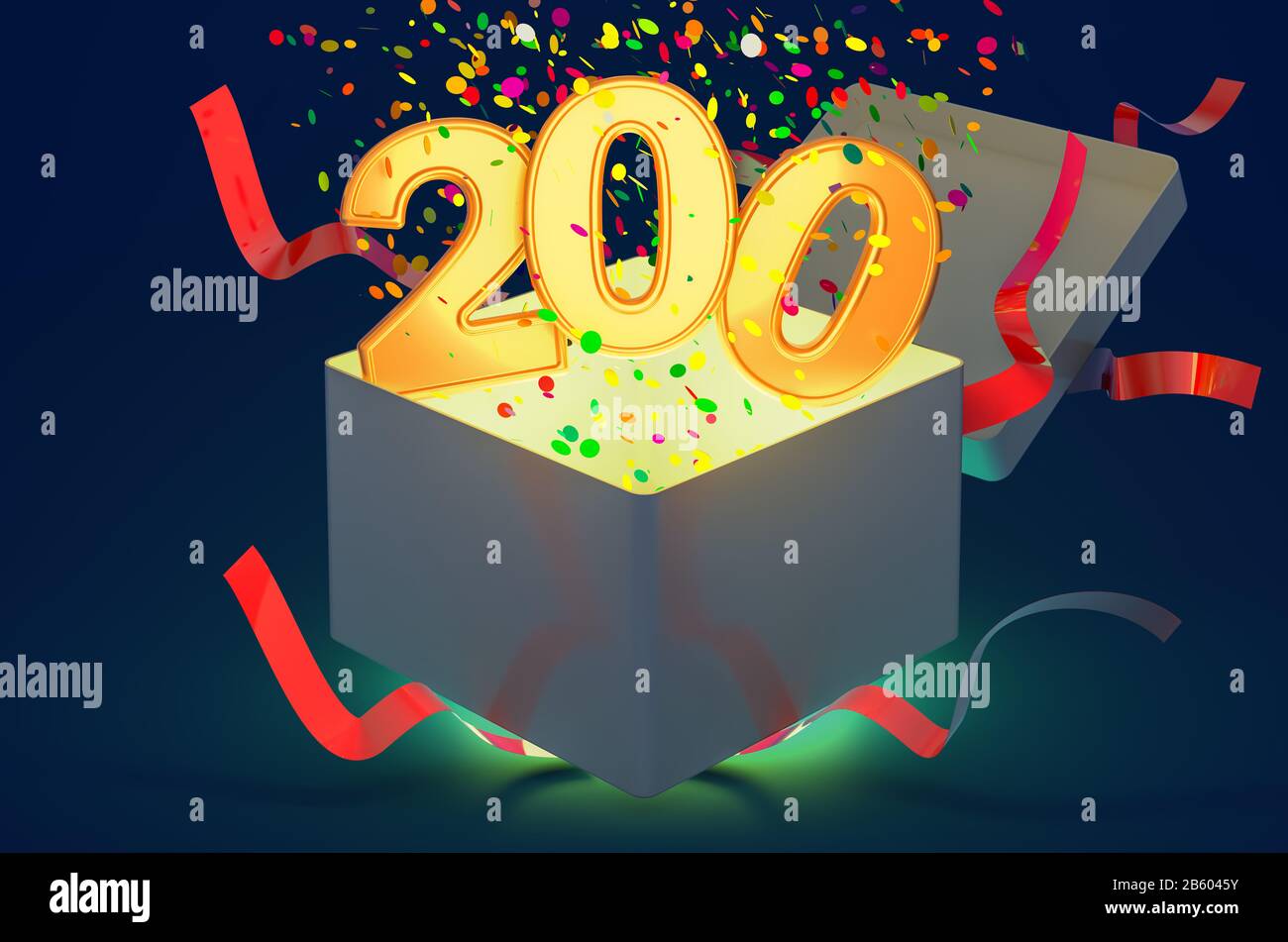 Number 200 inside gift box with confetti and shiny light, 3D rendering ...