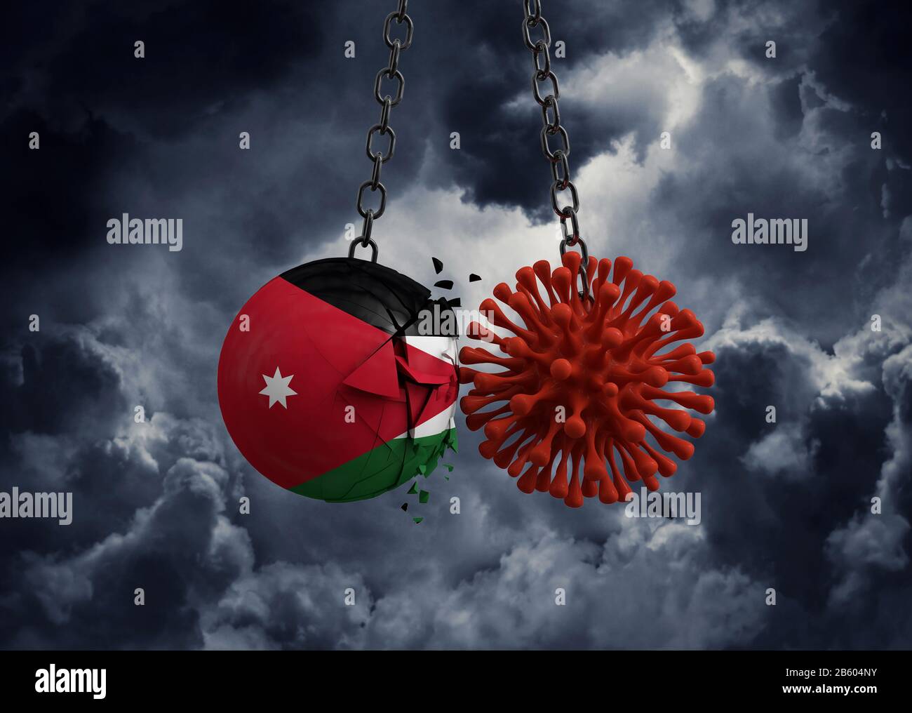 Virus microbe smashing into Jordan flag ball. 3D Render Stock Photo - Alamy