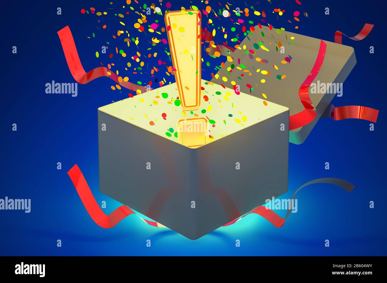 Exclamation mark inside gift box, 3D rendering on dark blue background ...