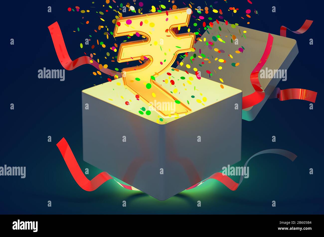 Gift box with rupee sign inside, 3D rendering on dark blue background ...