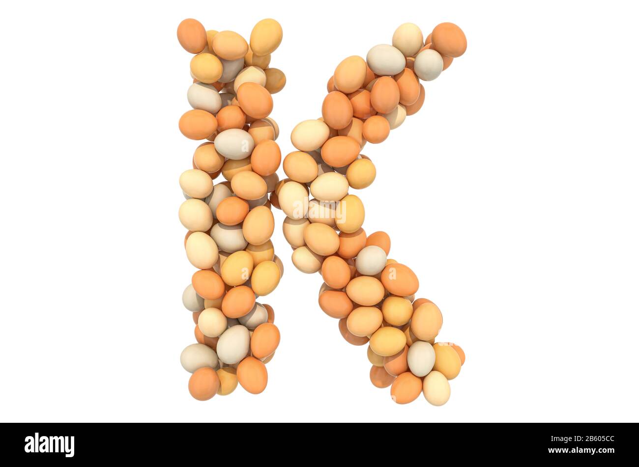 Letter K from chicken eggs, 3D rendering isolated on white background ...
