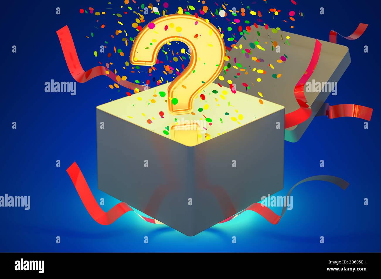 Question mark inside gift box, 3D rendering on dark blue background ...