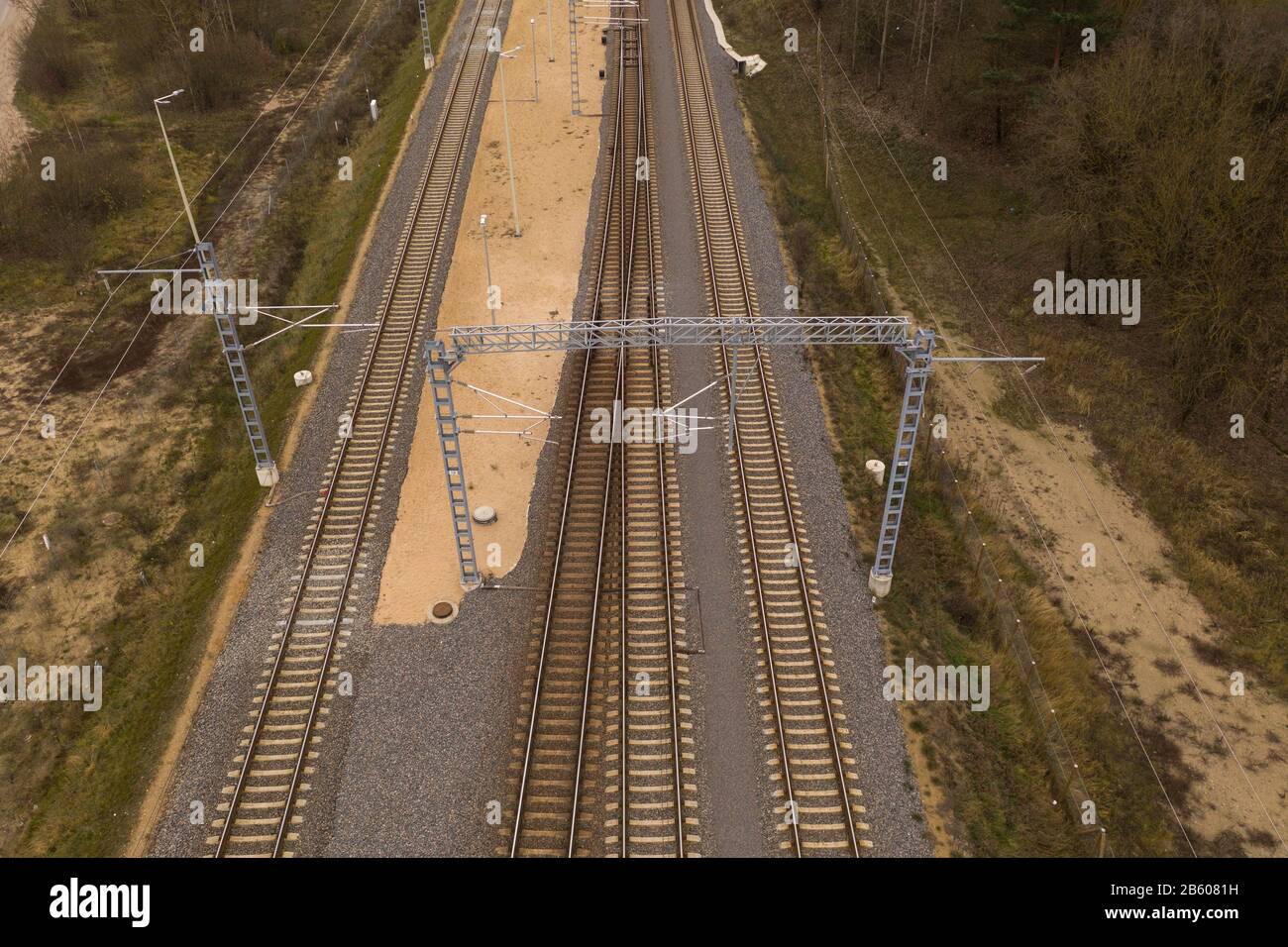 Drone view of train track parallel each one. Directly above Stock Photo ...