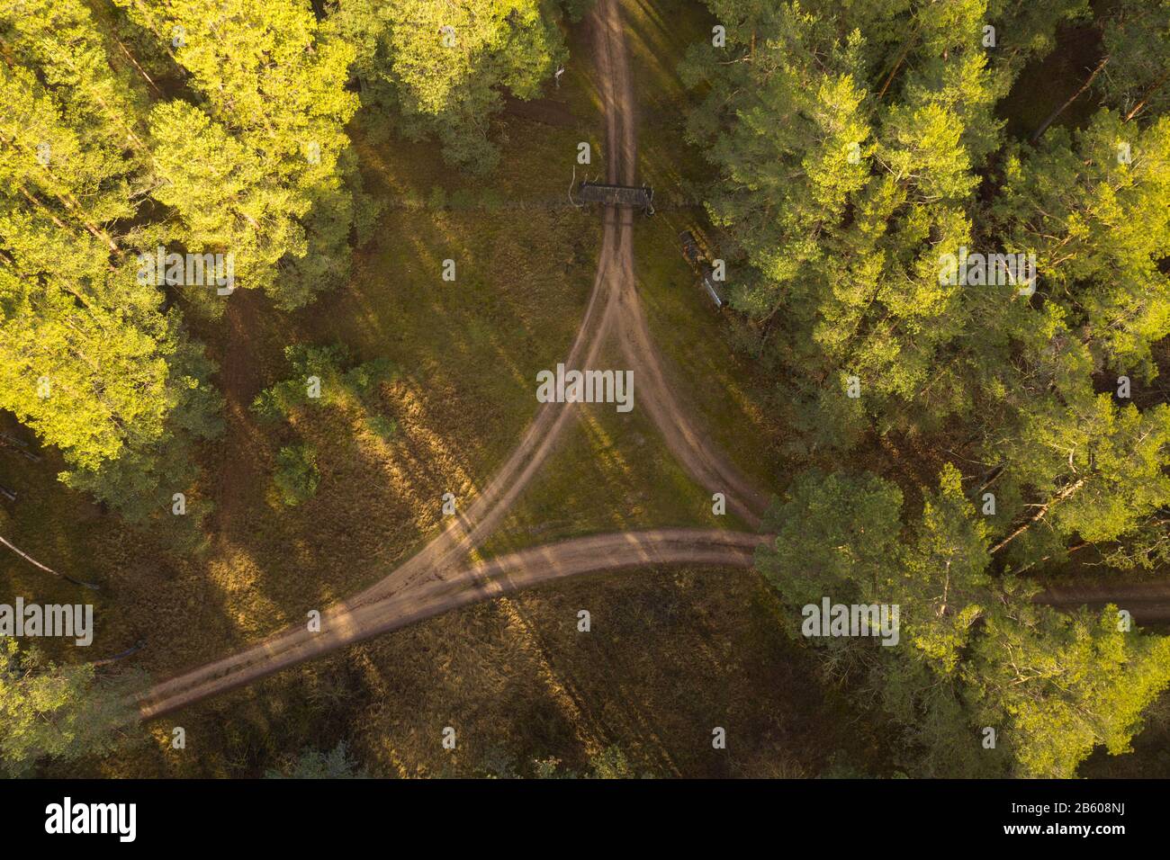 Drone view of tree way dirt road intersection in a forest. Directly ...