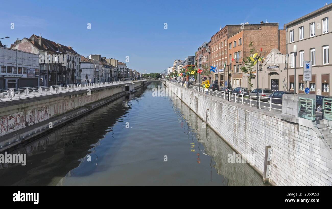 Belgium, Brussels, Canalized river Senne in Brussels with quays with ...