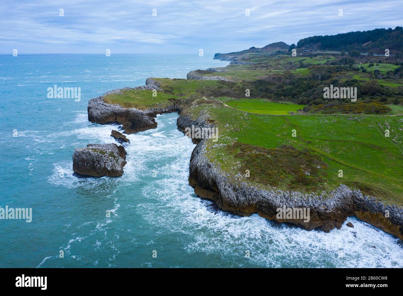 Aerial view of Buelna Beach, Coastal landscape, Cantabrian Sea, Buelna ...