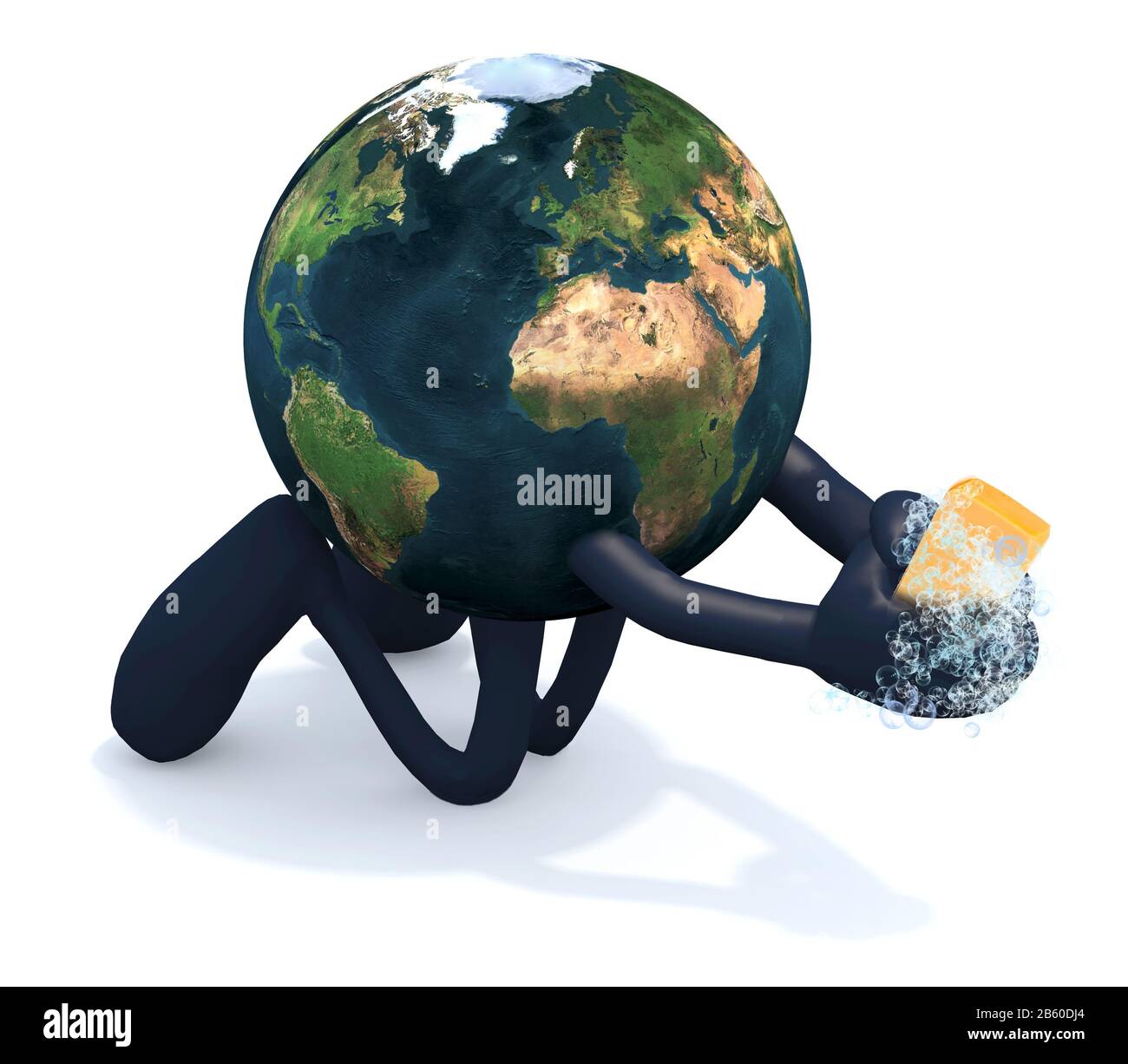 the planet earth with arms and legs washes his hands with soap, 3d ...