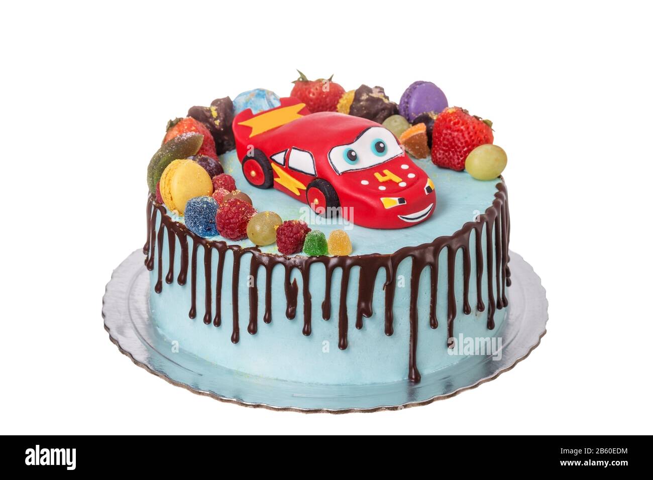 Cake made from sugar paste, car. Child on the day of birth Stock Photo ...