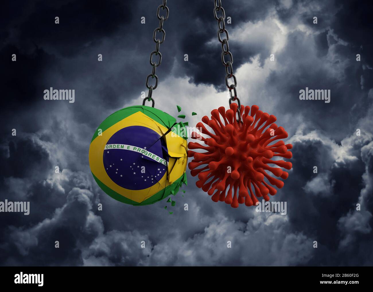 Virus microbe smashing into Brazil flag ball. 3D Render Stock Photo - Alamy