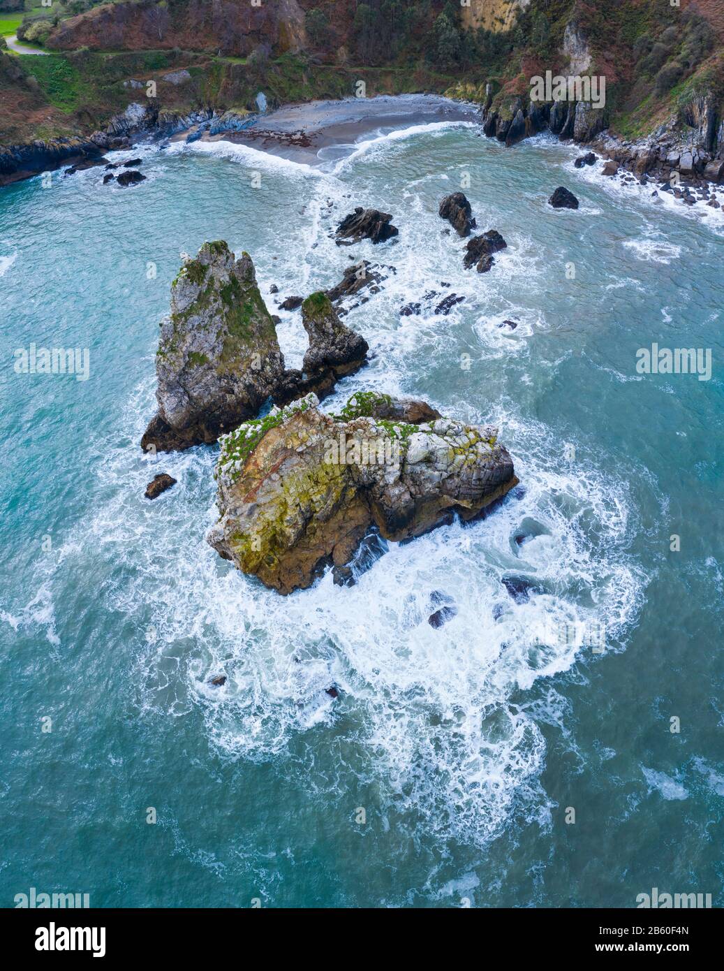 Aerial view of Islote de los Picones, Pendueles beach, Pendueles ...