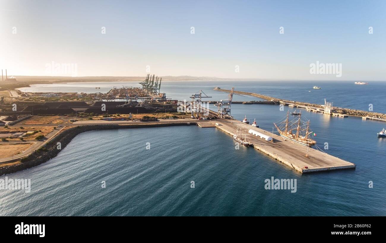 Aerial. Portuguese sea port Sinis with sailboats in the regatta ...