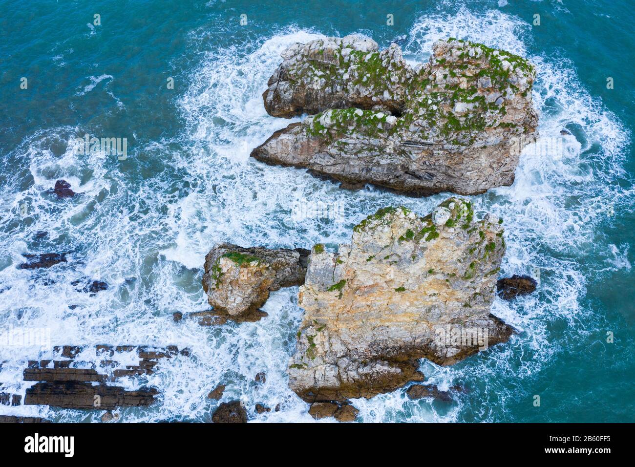 Aerial view of Islote de los Picones, Pendueles beach, Pendueles ...