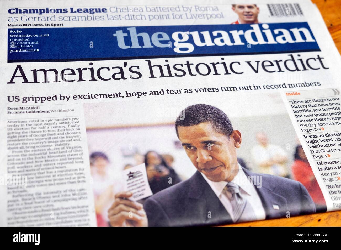 Newspaper headline front page of the Guardian Democratic win Barack ...