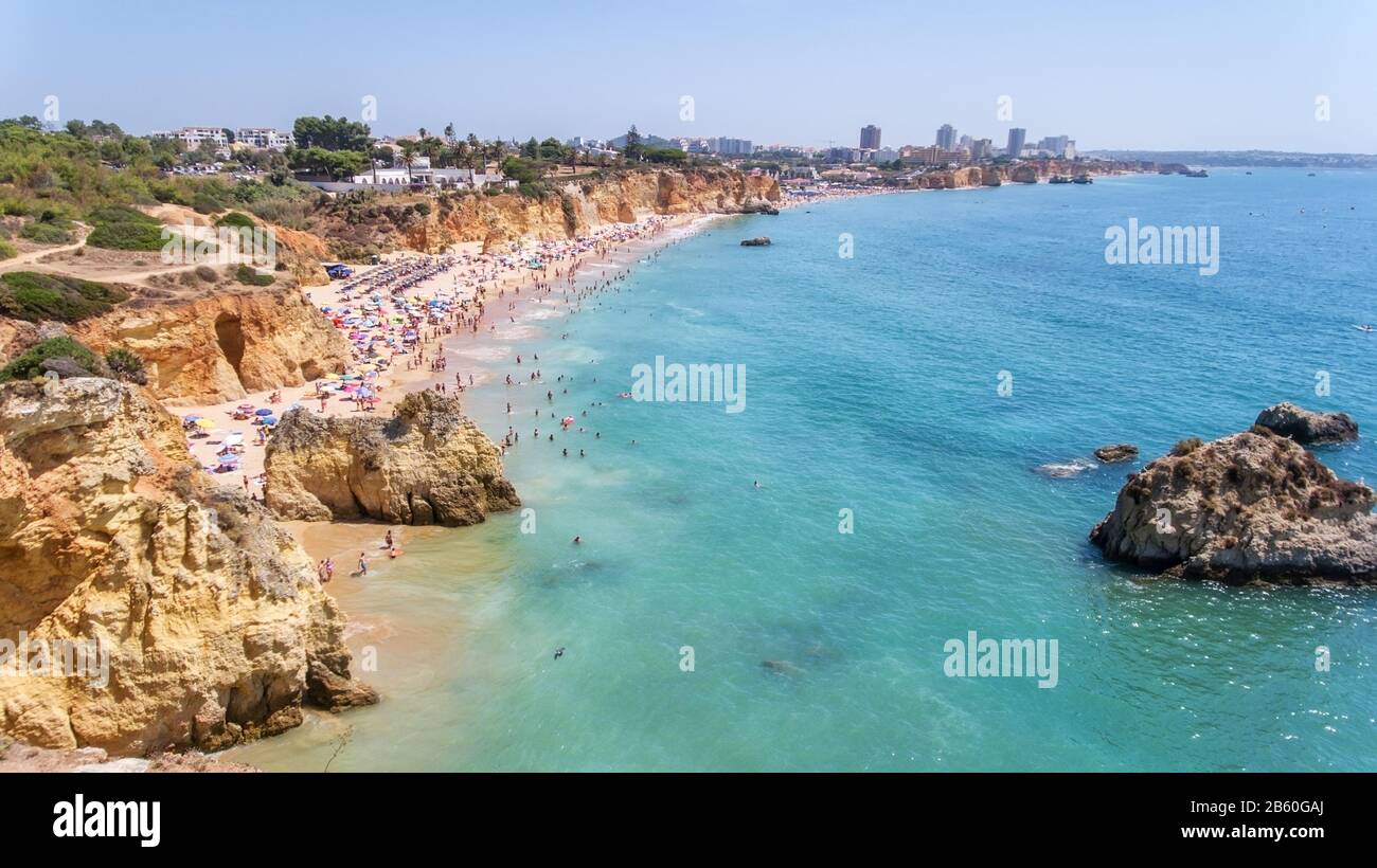 Aerial. Tourist beaches of the Portuguese city of Portimao. Shooted by ...