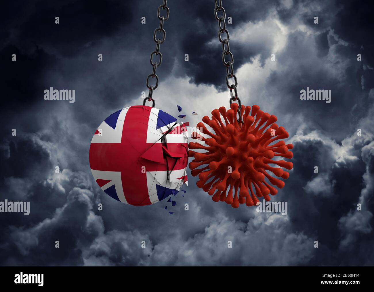 Virus microbe smashing into United Kingdom flag ball. 3D Render Stock ...