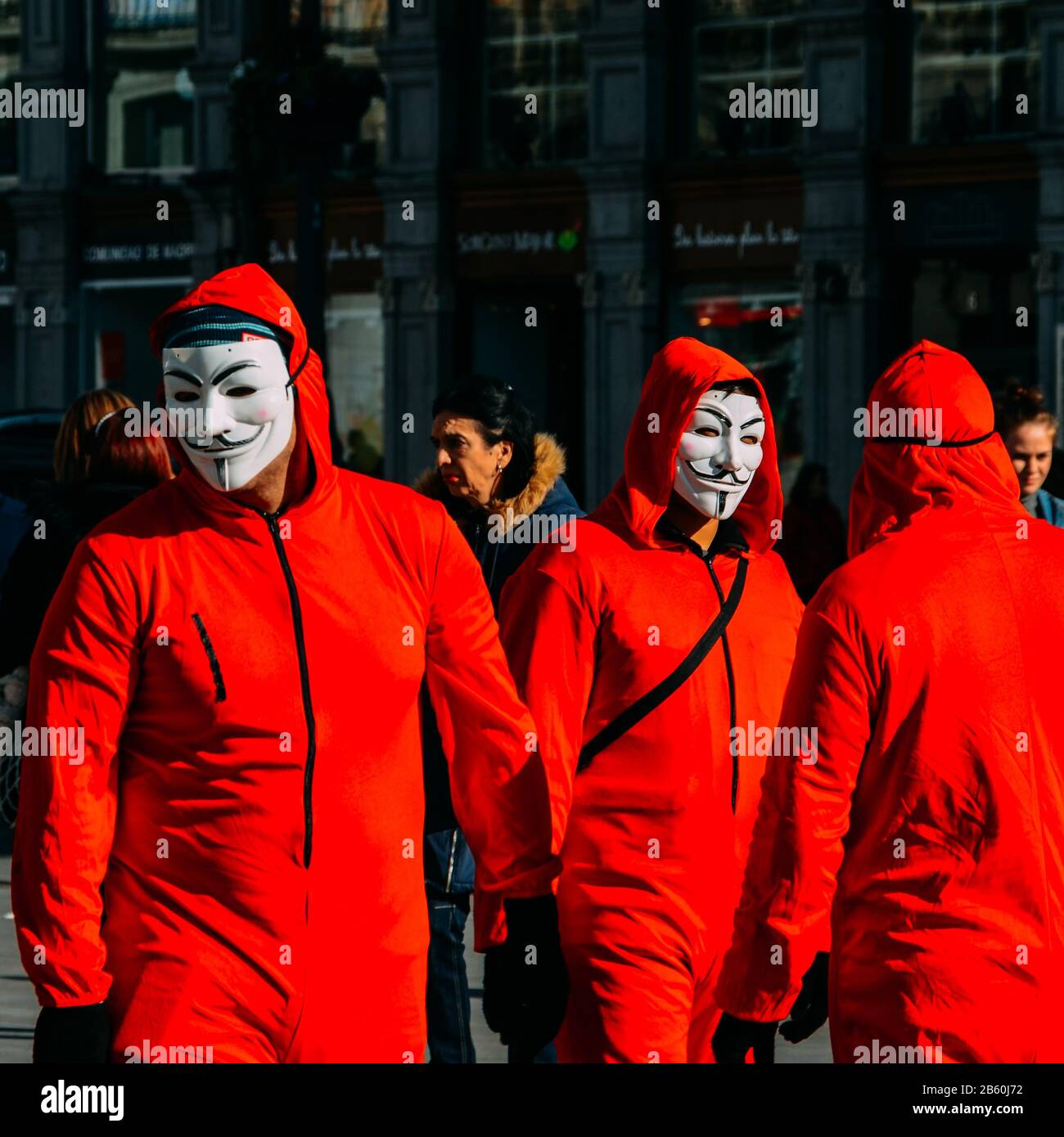 Madrid, Spain - March 7, 2020: Masked member of Anonymous in Puerta del ...