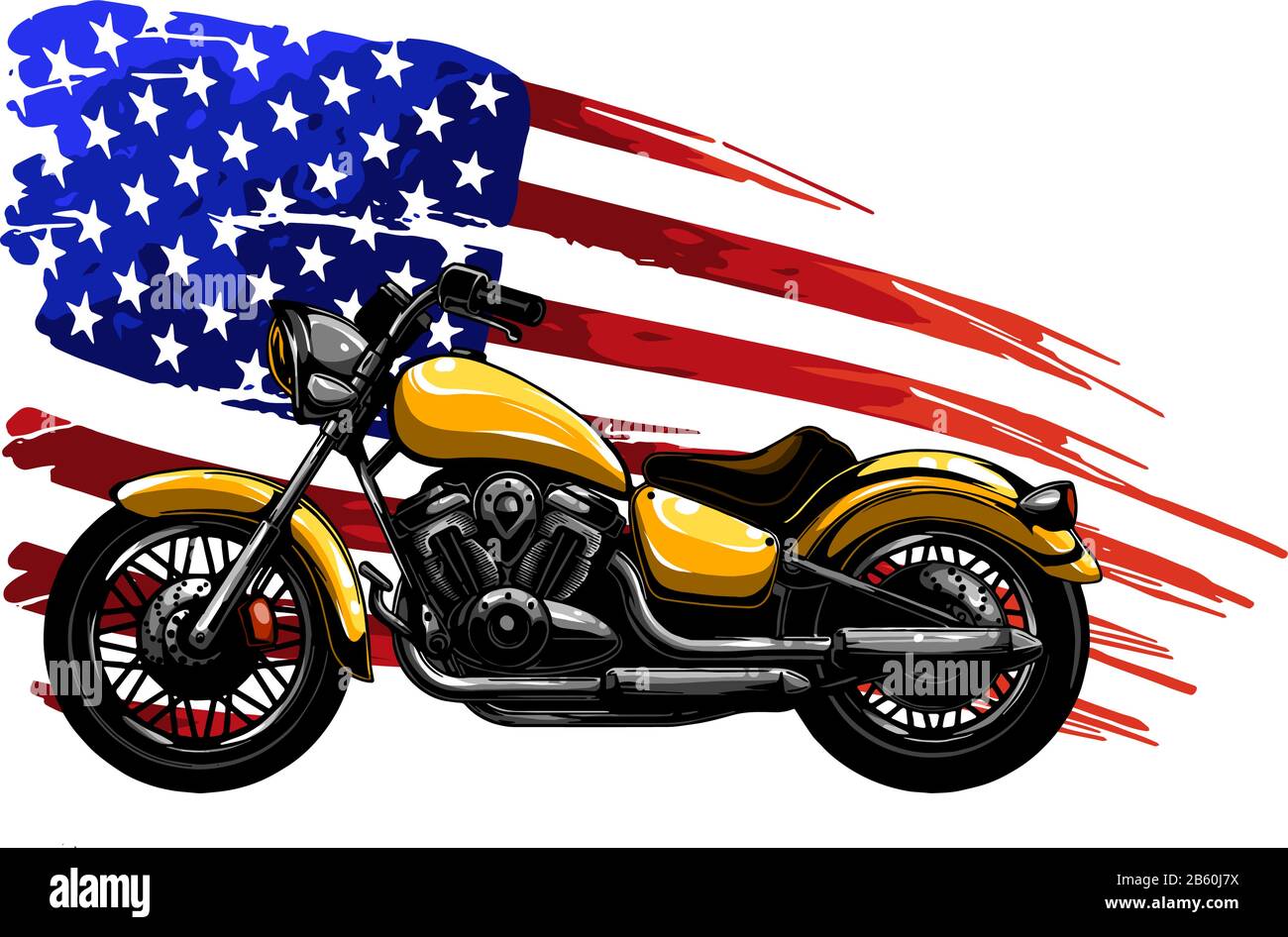 Hand drawn and inked vintage American chopper motorcycle with american ...