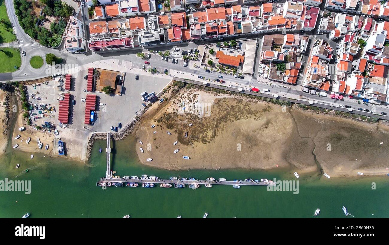 Aerial. Port, pier of fishing ships. Sky view Cabanas Tavira Stock ...