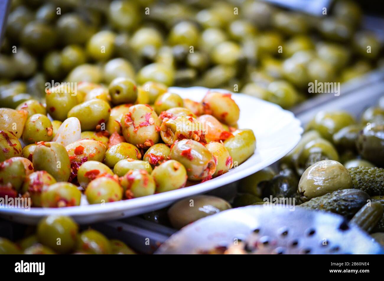 mix of olives within the local spanish market Stock Photo - Alamy
