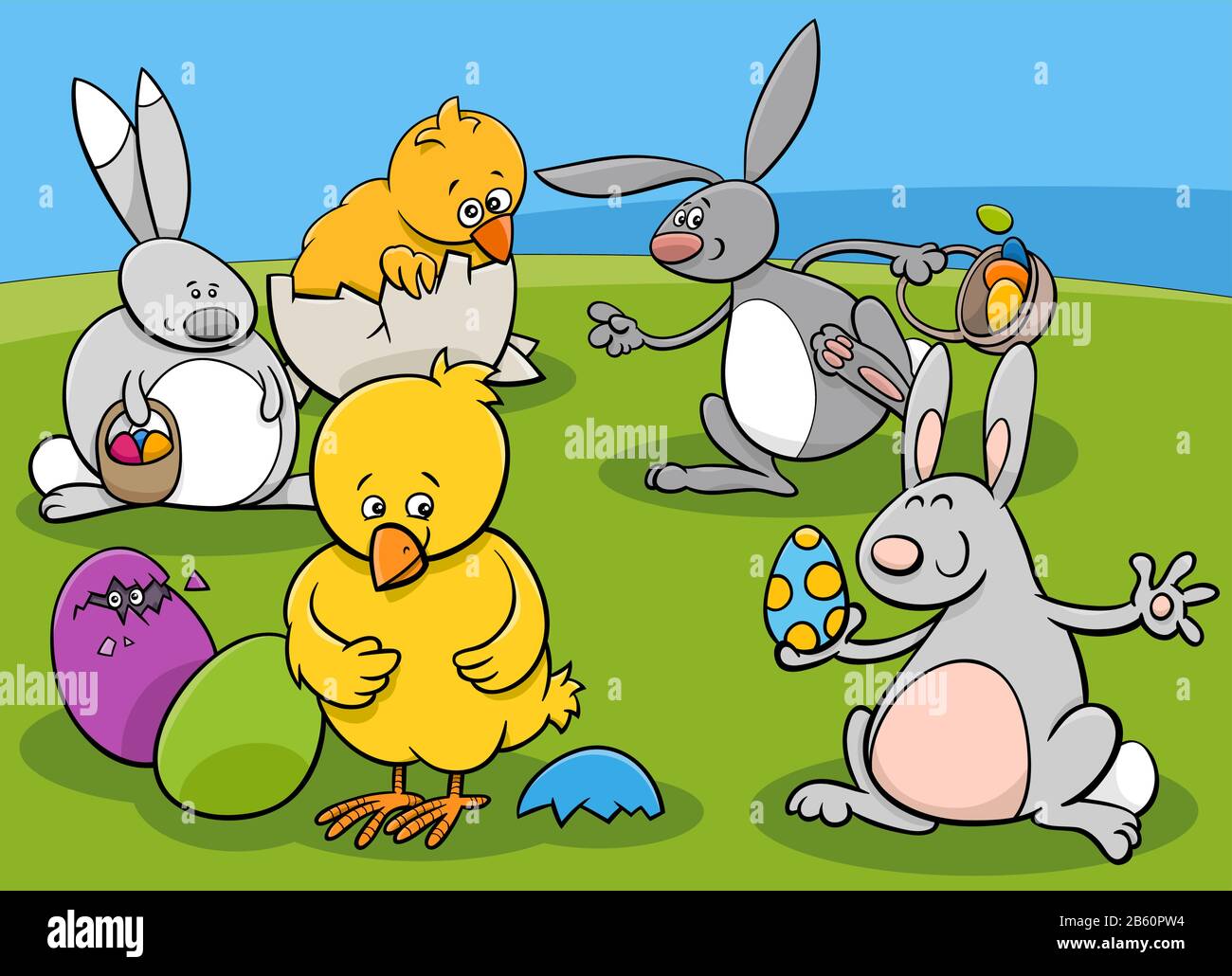 Cartoon Illustration of Funny Easter Characters with Colored Eggs on ...