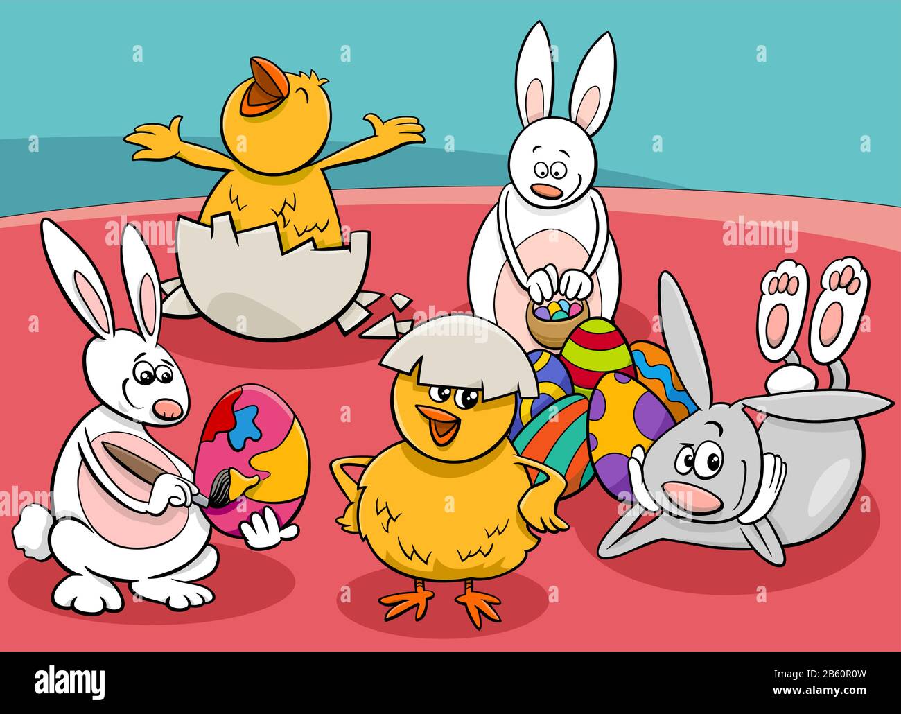 Cartoon Illustration of Funny Easter Bunnies and Chicks Characters with ...