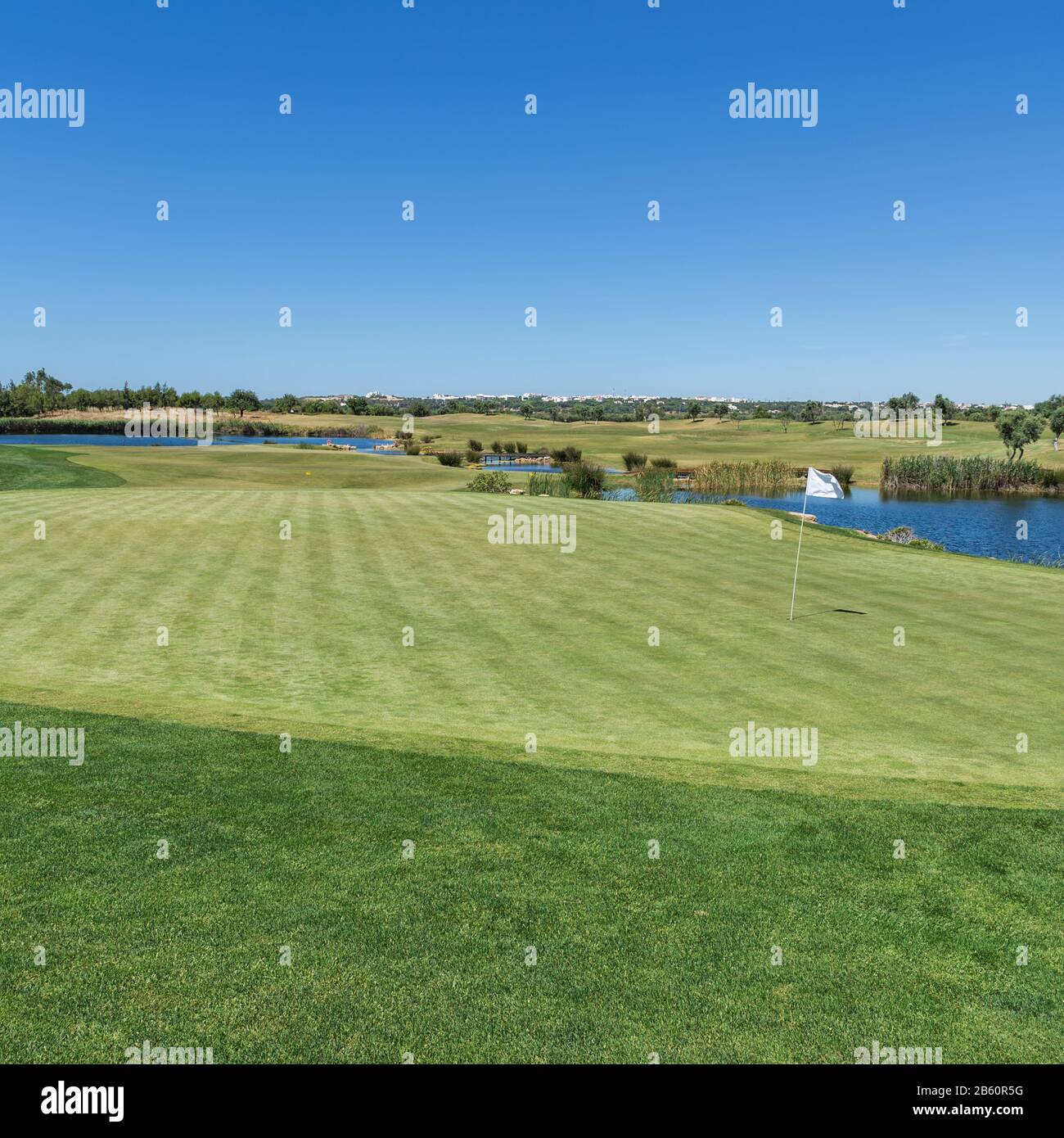 Green Field for golf with a flag. For holes Stock Photo - Alamy