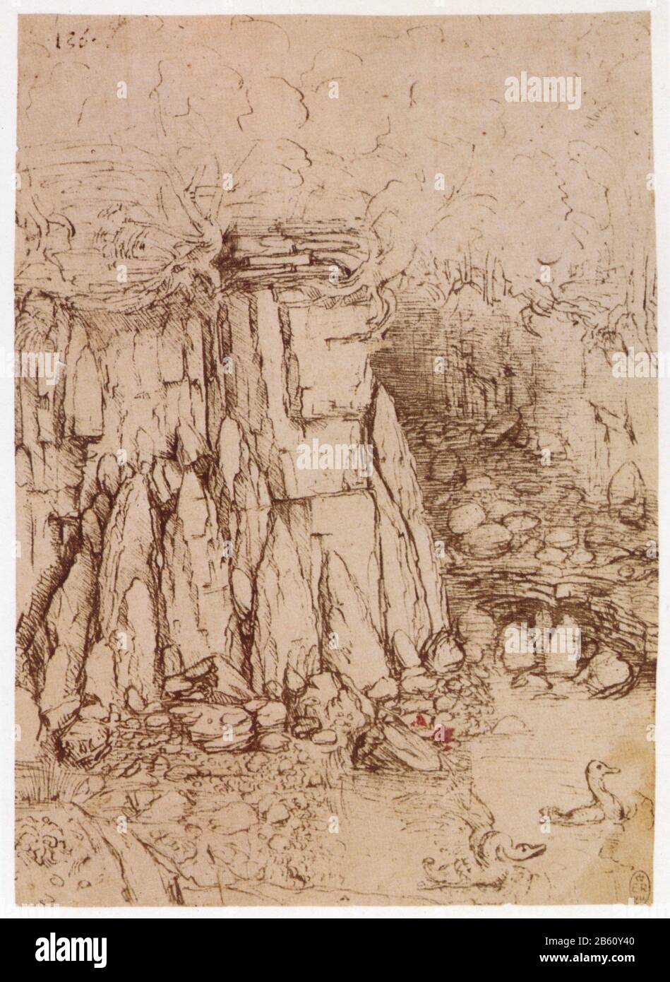 Leonardo da Vinci. Stream of water flowing through a chasm with ducks ...
