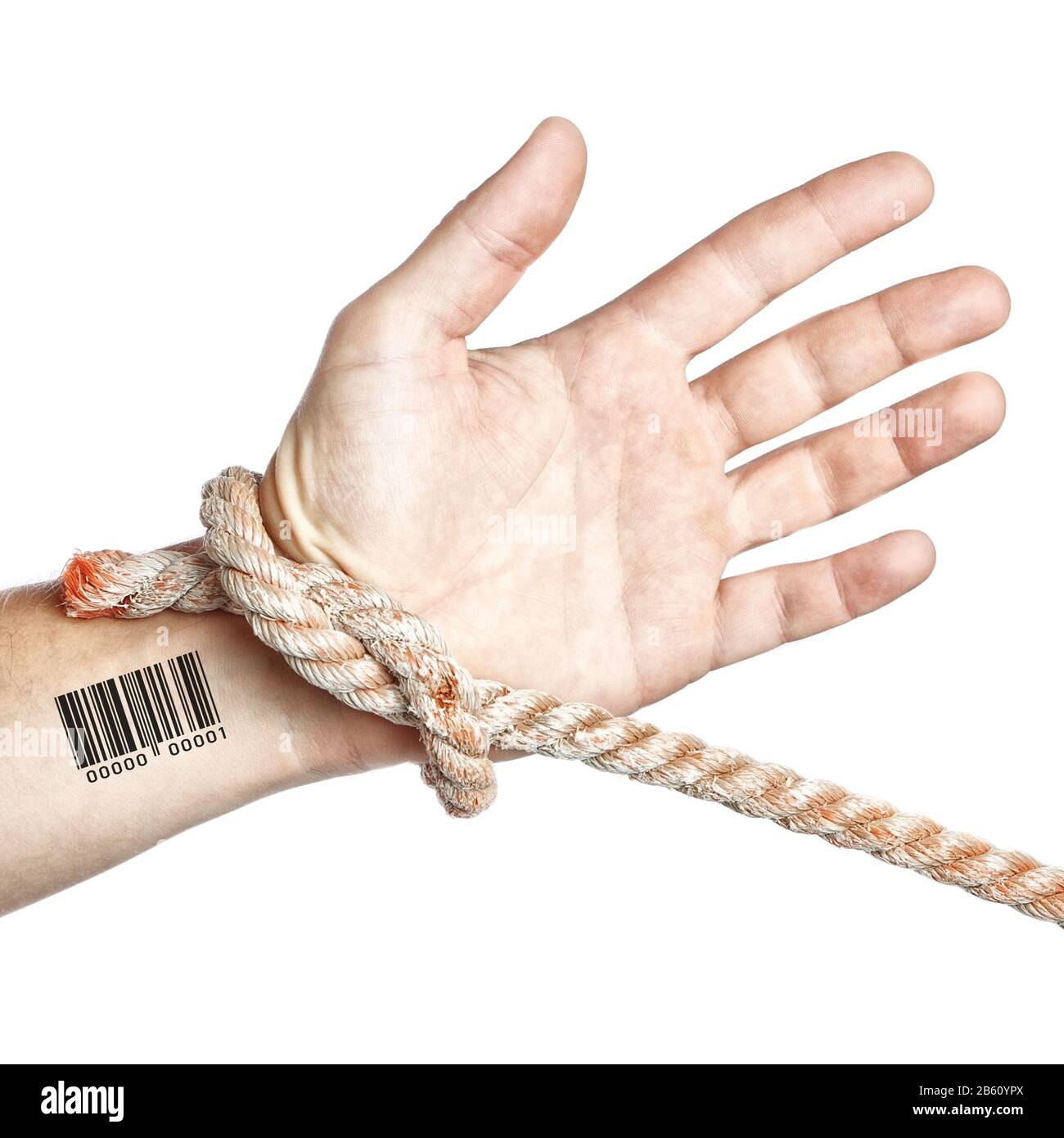 Harassment and restriction of personal privacy. Hand with barcode tied ...