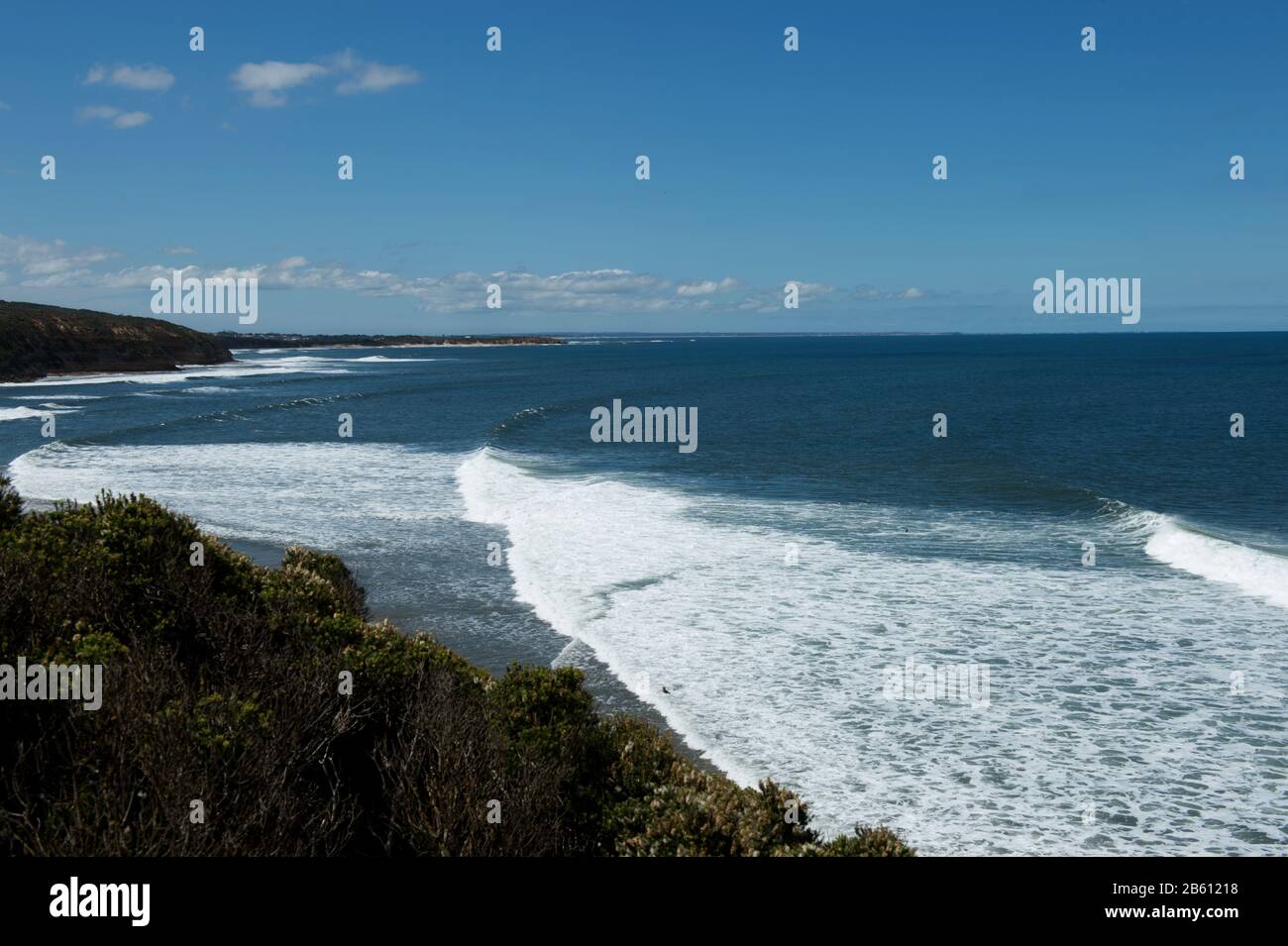 Surfing at Winkipop, Torquay, Victoria, Australia looking east towards ...