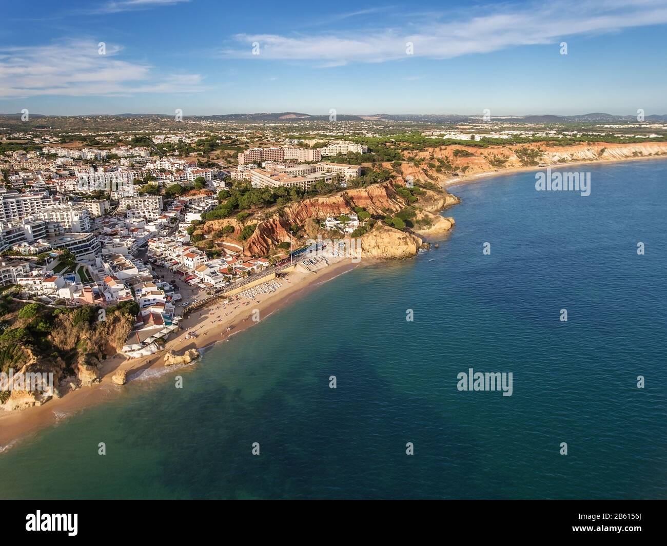 Aerial. Amazing view from the sky, town coast Olhos de Agua. Faro ...