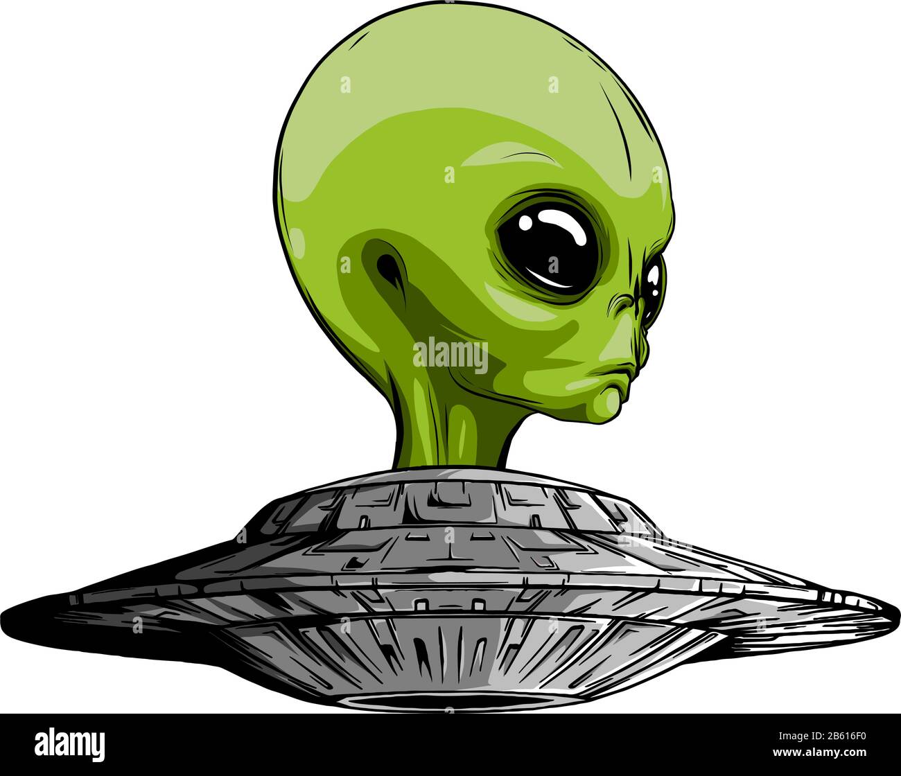 alien is sitting in a flying saucer.Hand drawn style.Space scientific ...
