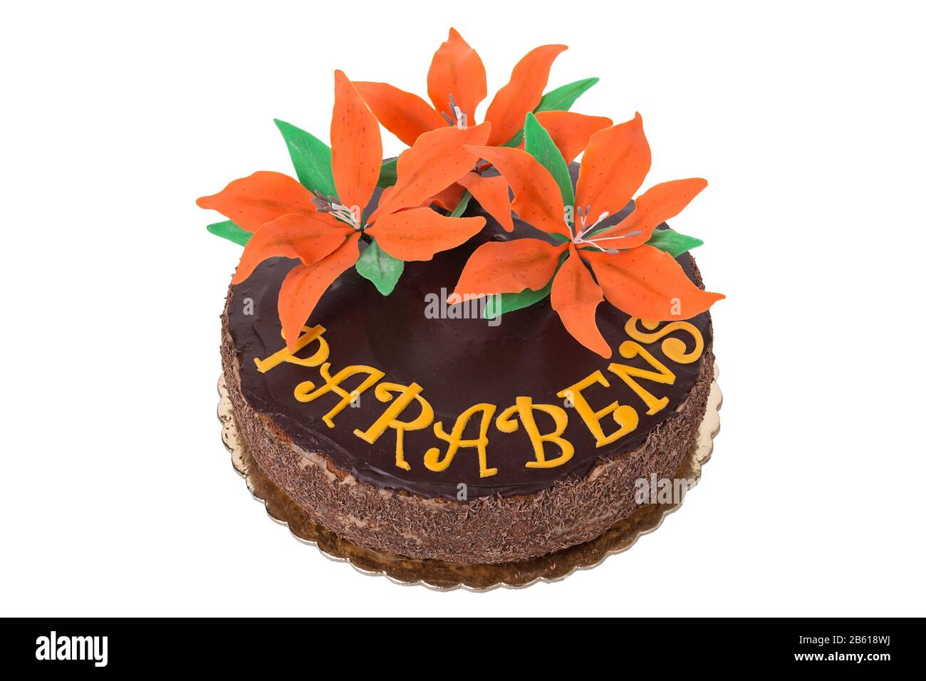 Celebratory chocolate cake. With red lilies. With an inscription ...