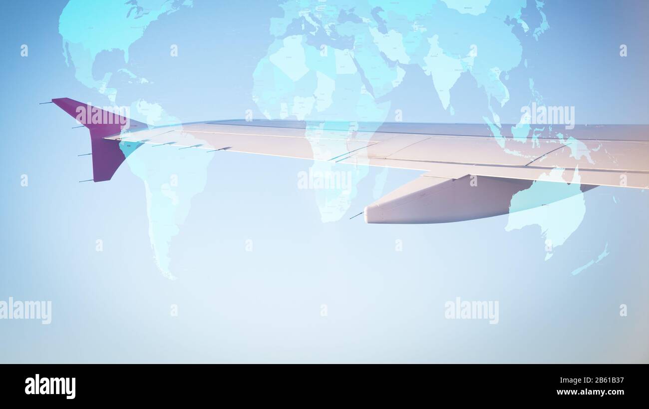 double exposure of world map and plane wings Stock Photo - Alamy