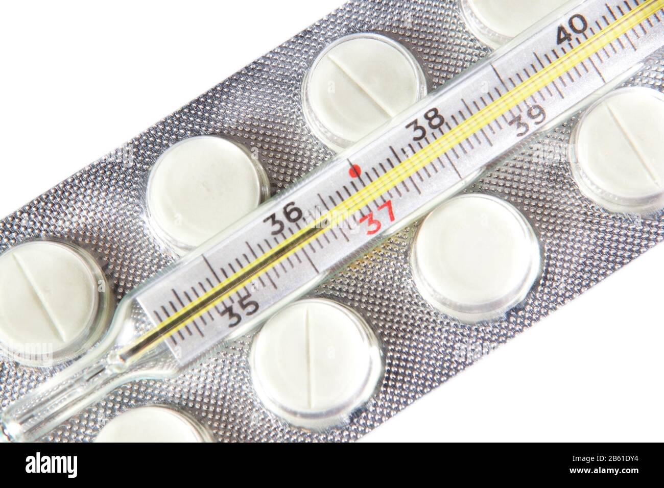 medications and the thermometer on white background Stock Photo - Alamy