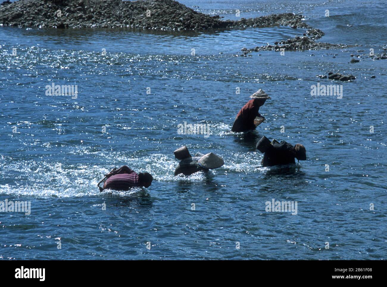 Women gathering river weed as food from the Nam Song river in Vang Vien ...
