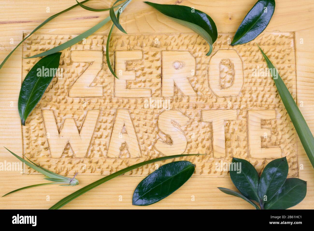 zero waste text on wooden background with green grass and leaves on ...