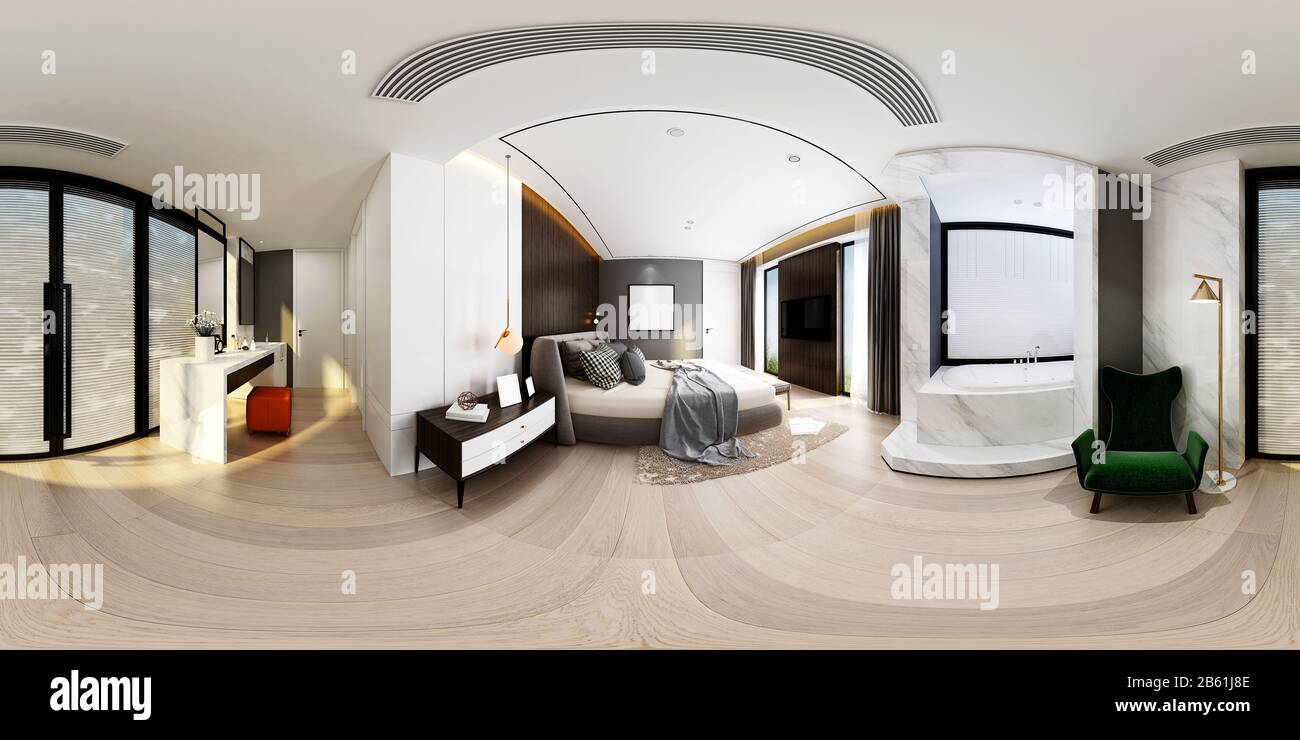 360 degrees modern bedroom, 3d rendering Stock Photo - Alamy