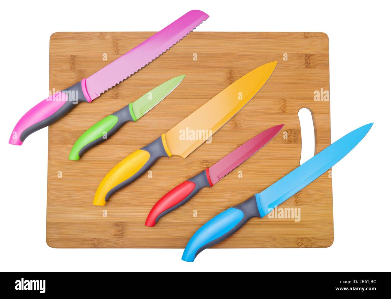 Many original colored knives. On a wooden board for cutting Stock Photo ...