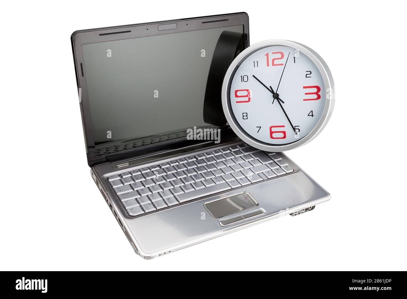 Concept laptop computer and desktop clock. Time is money Stock Photo ...