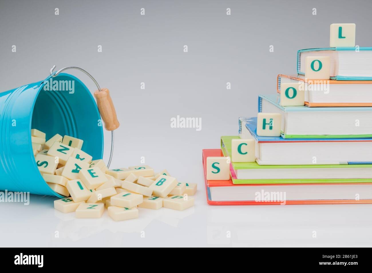Concept for elementary school subjects. Letters book Stock Photo - Alamy