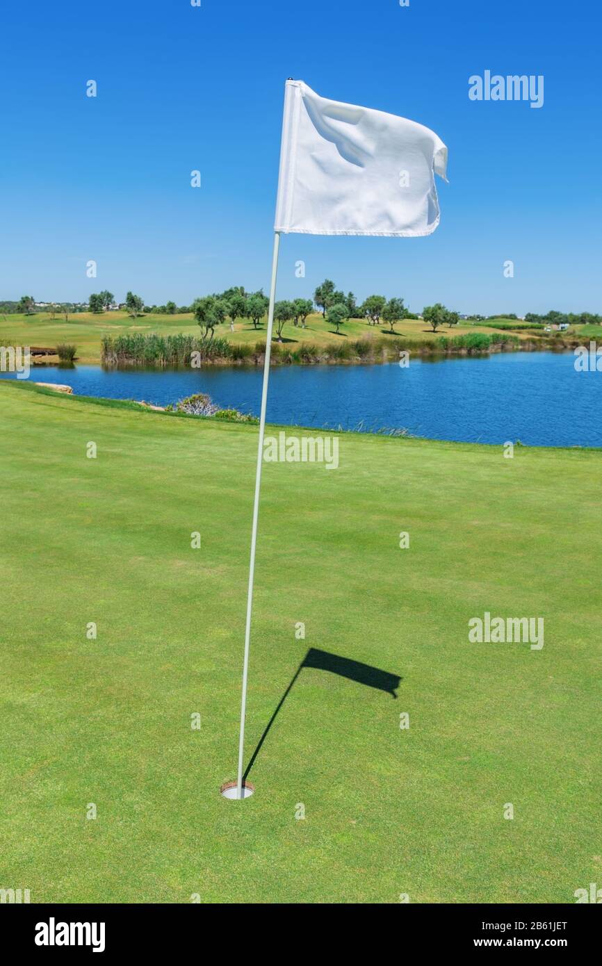 Elements of a golf course flag and hole. Vertical format Stock Photo ...