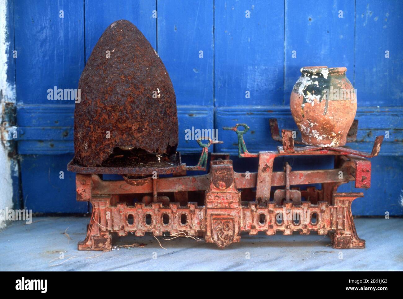 Old weighing scales in the village of Loutro on the South coast of ...